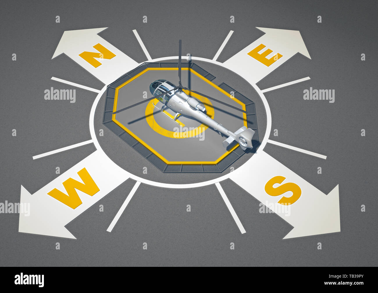 helicopter at site with compass symbol above view. 3d rendering Stock ...