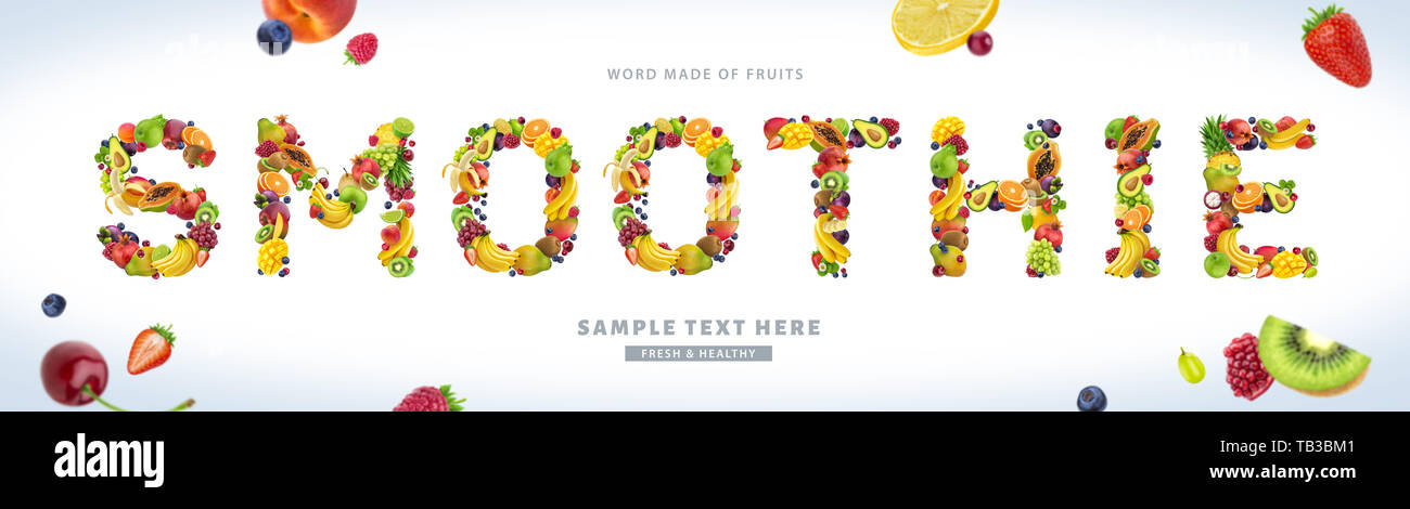 Word SMOOTHIE made of different fruits and berries, fruit font isolated ...