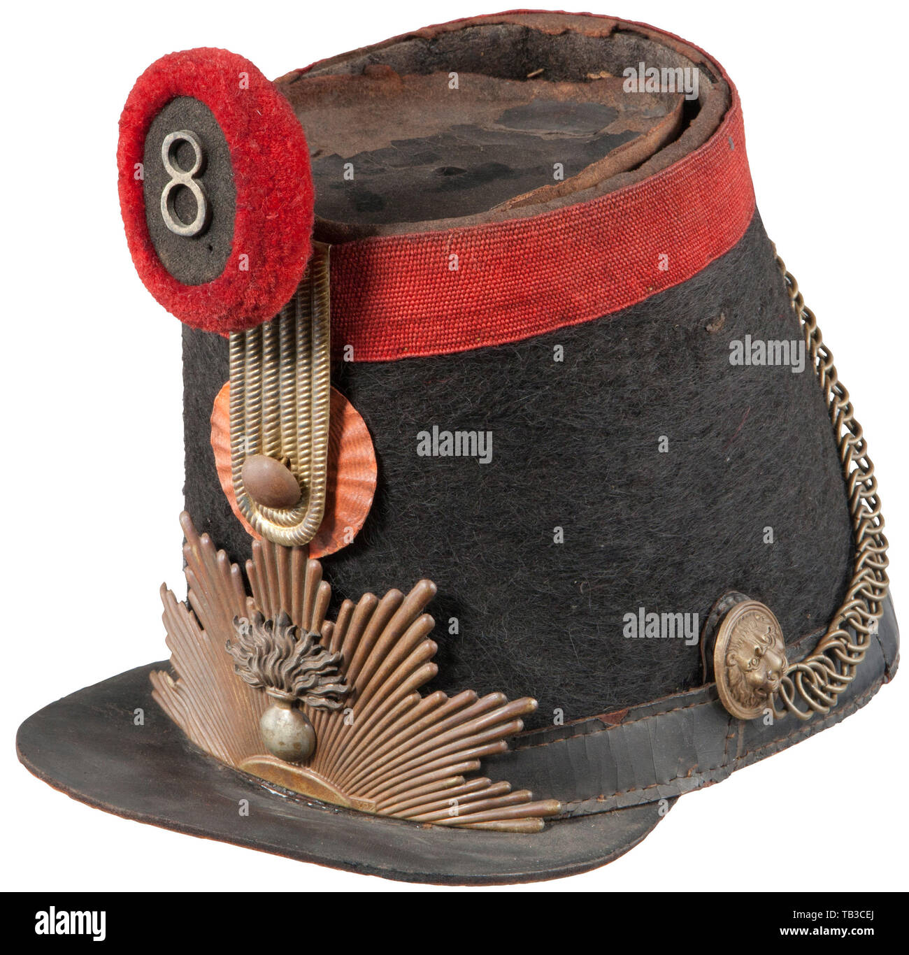 A Dutch shako M 1850 for 8th Regiment grenadiers, Black leather body ...