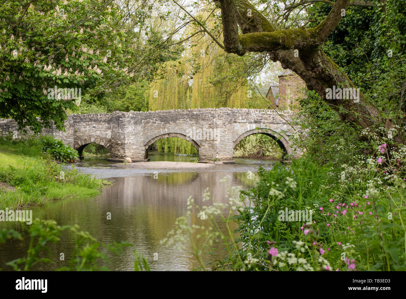 Clun's historic stone bridge over the River Clun, Clun, Shropshire ...
