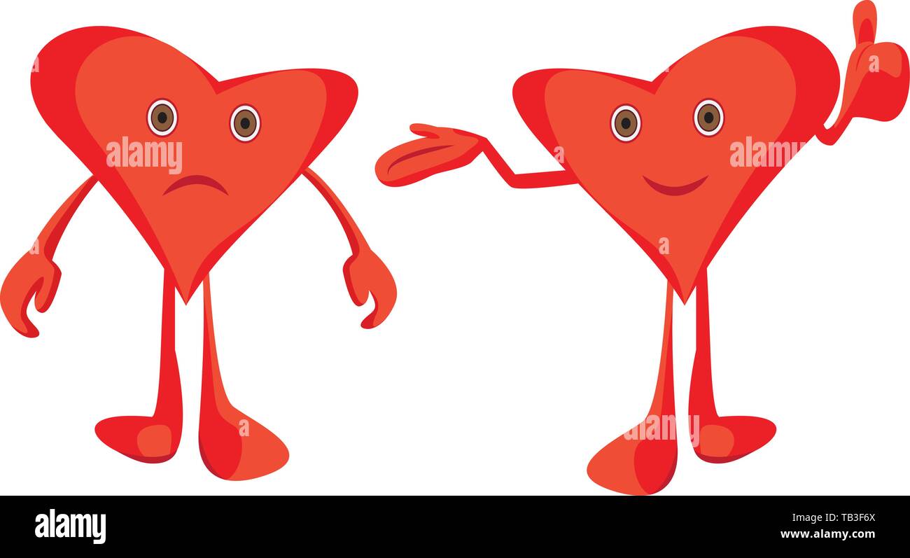 Tired exhausted unhappy heart and happy wellbeing heart recreation ...