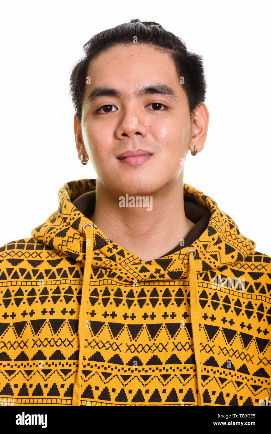 Face of handsome Asian man with hair tied back Stock Photo - Alamy