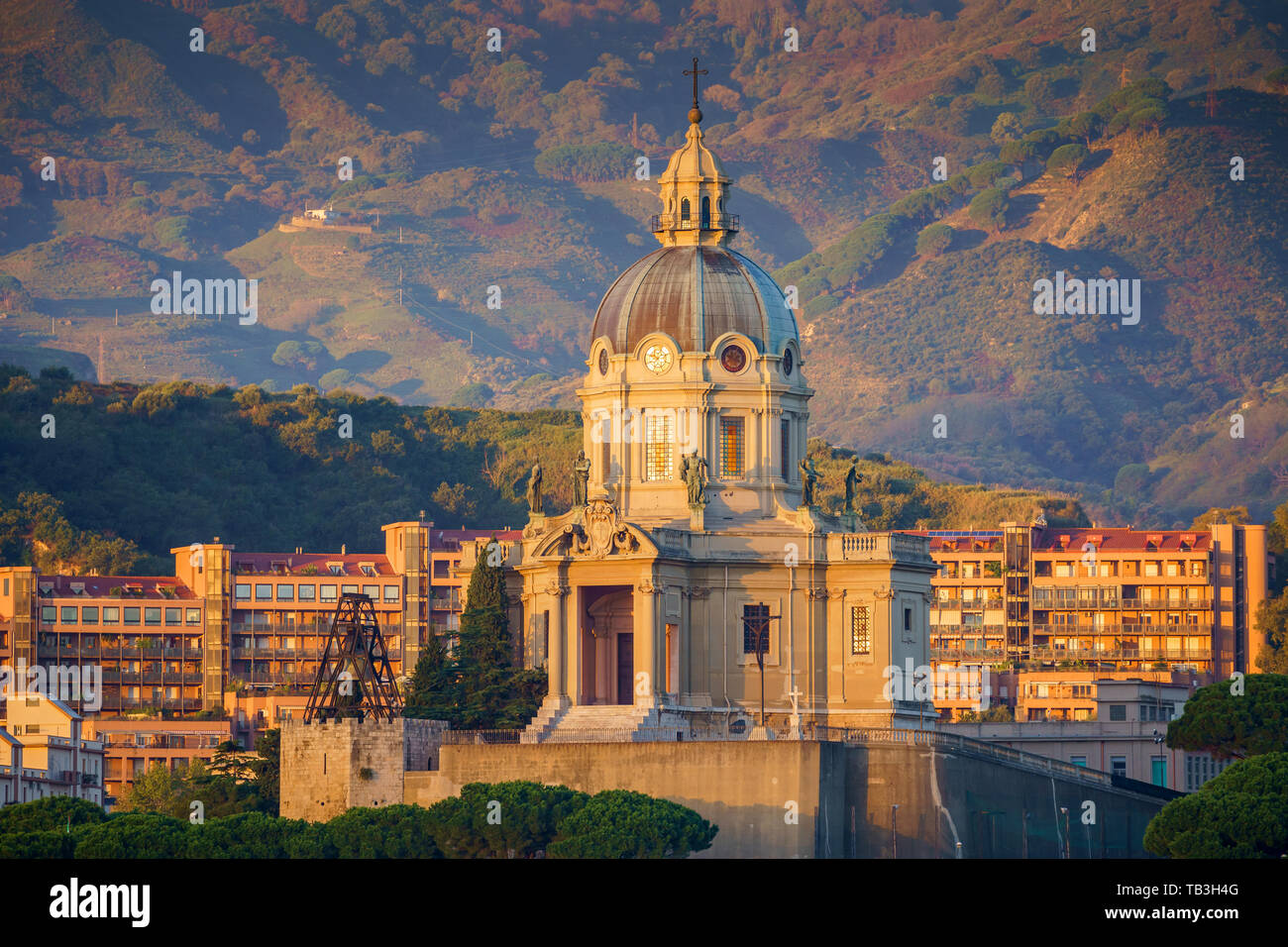 Panoramic view of the Messina. Temple Christ the King. Sicily. Italy ...