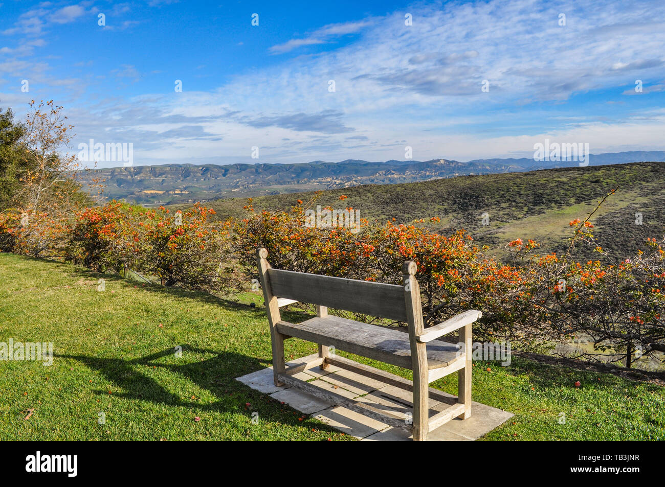 Wooden bench overlooking valley in the fall Stock Photo - Alamy