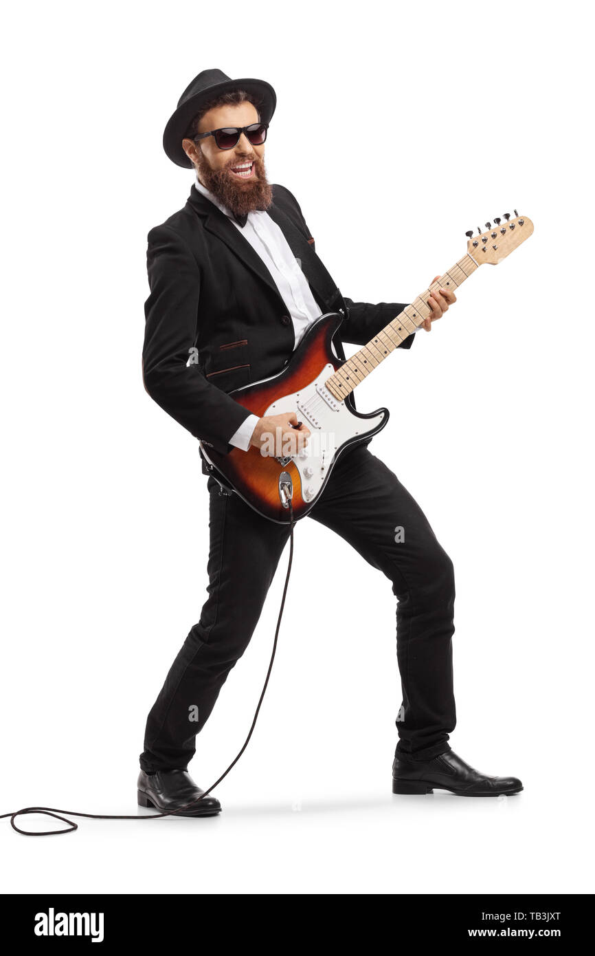 Full length shot of a bearded man playing an electric guitar isolated ...