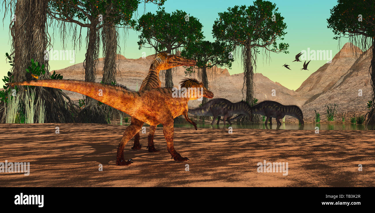Cretaceous Era Swamp - Austroraptor dinosaurs watch as Amargasaurus ...