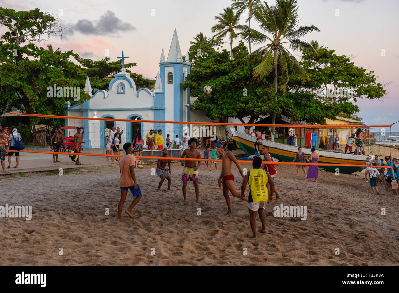 Praia do Forte, Brazil - 31 January 2019: people playing footvolley at ...