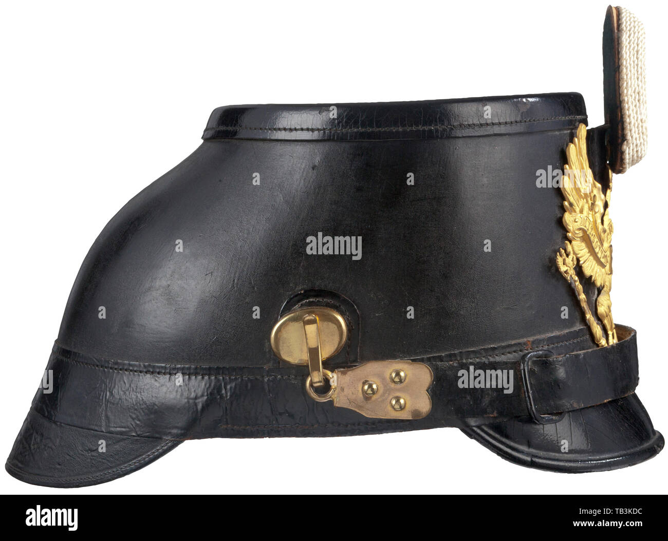 A Prussian NCO shako, Black leather body and visors, gilt officer ...