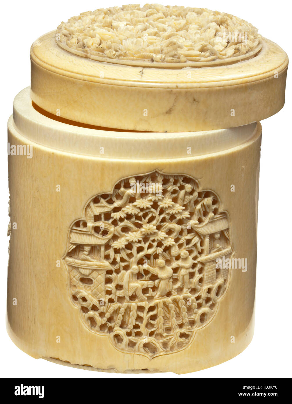A Chinese carved ivory lidded jar, circa 1840, A round, turned jar with ...