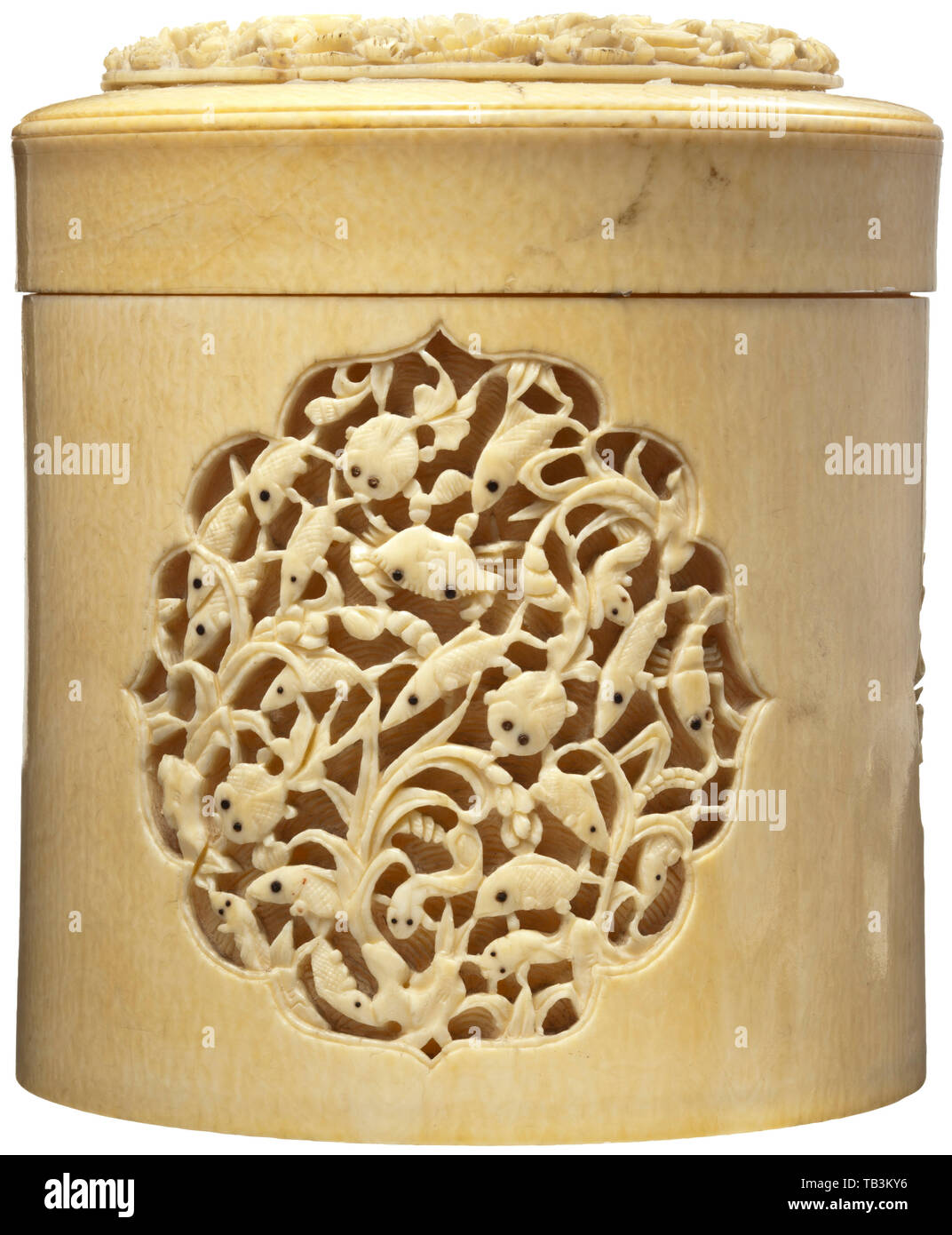 A Chinese carved ivory lidded jar, circa 1840, A round, turned jar with ...