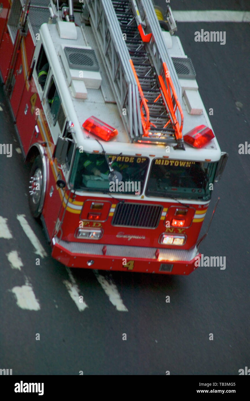 Overhead view of Midtown Manhattan New York Fire Department NYFD Ladder ...