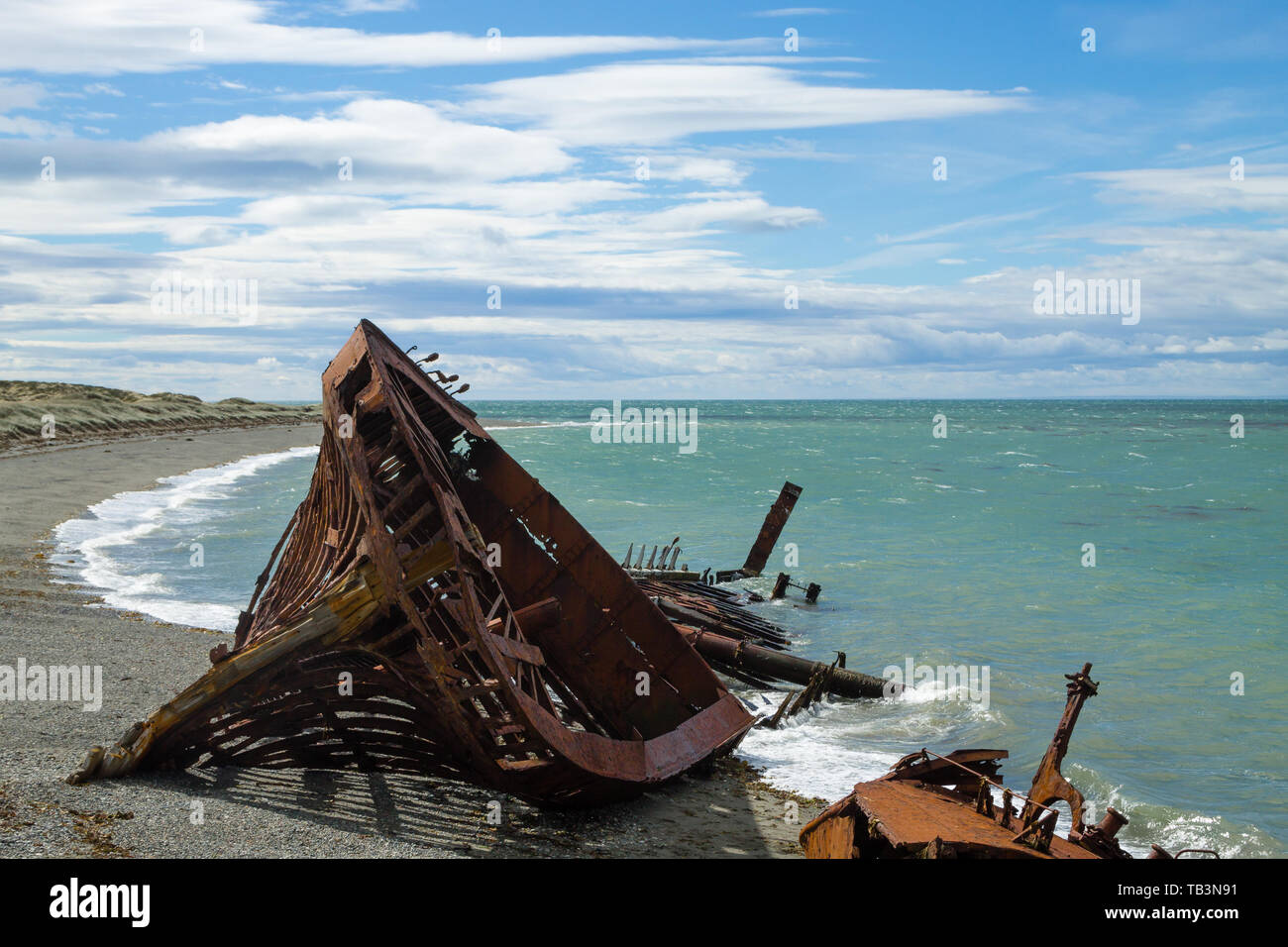 Wreckages on San Gregorio beach, Chile historic site. Beached ships ...