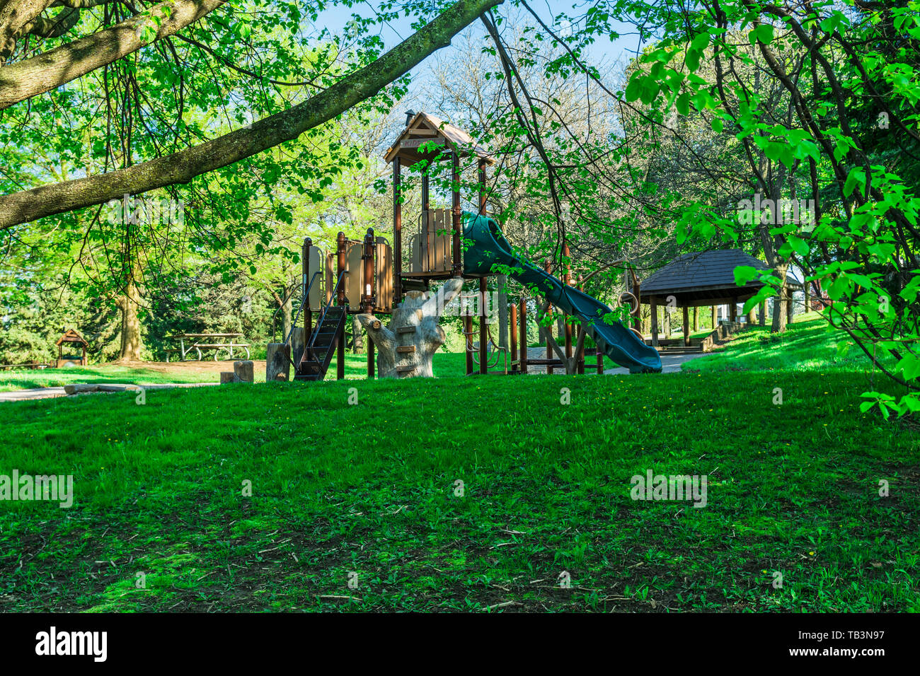 Children playground on green grass field surrounded by trees Stock ...