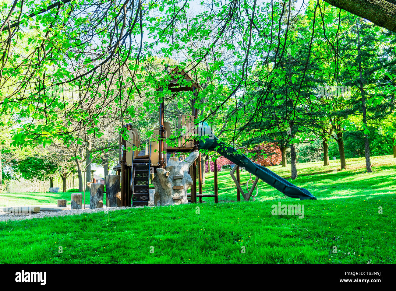 Children playground on green grass field surrounded by trees Stock ...