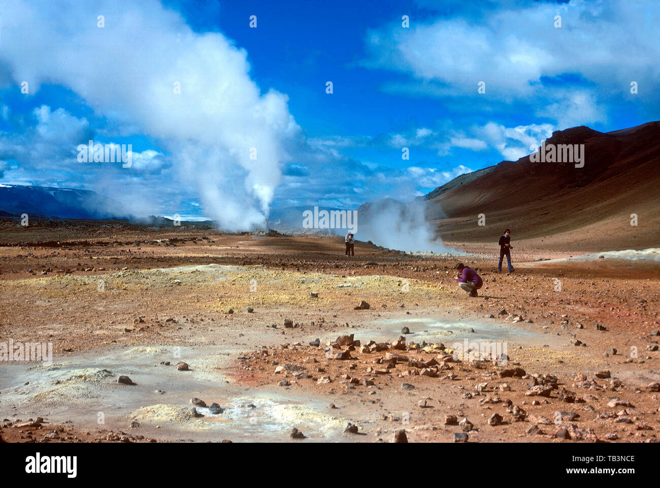 Boiling mud, sulphur pits, hot springs and erupting geysirs, Namaskard ...