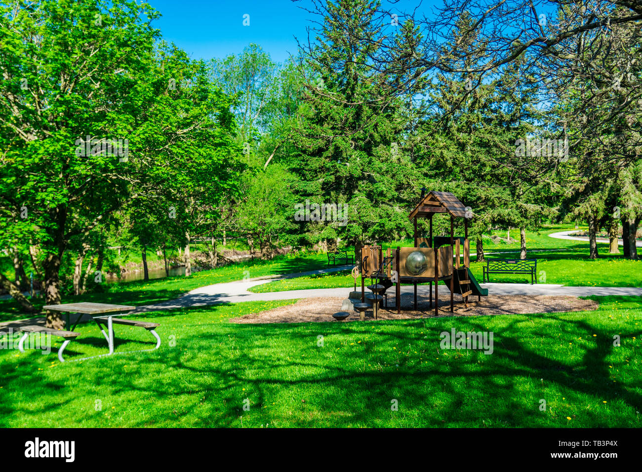 Children playground on green grass field surrounded by trees Stock ...