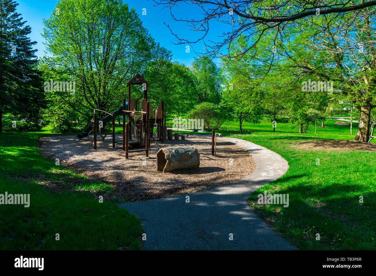 Children playground on green grass field surrounded by trees Stock ...