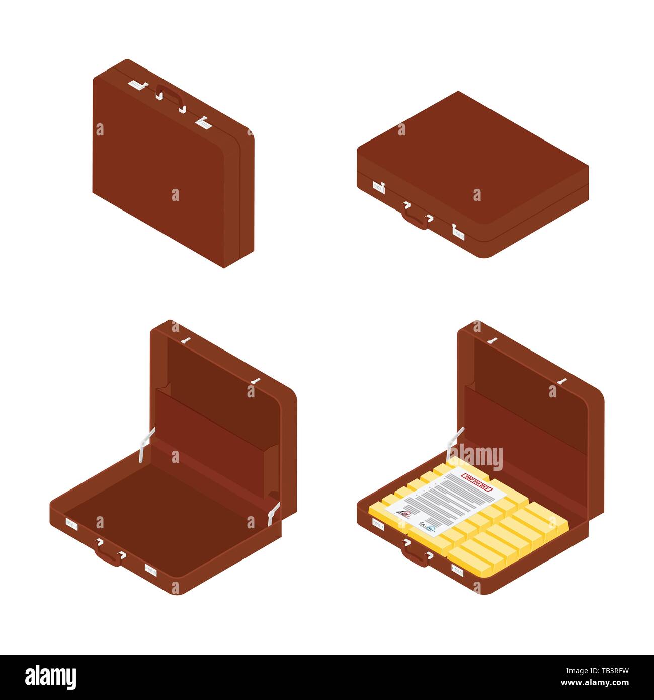 Brown briefcase with top secret documents and golden bars isometric ...