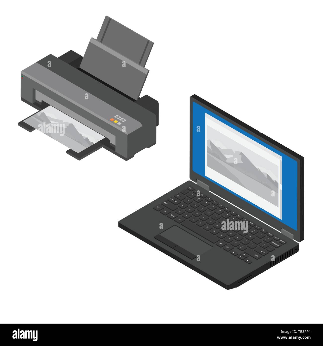 Realistic isometric laptop computer and printer. Print high quality ...