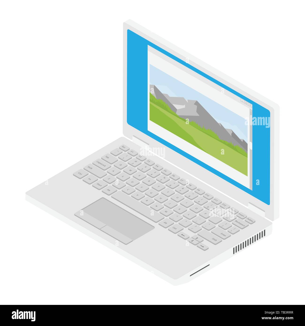 Laptop computer with mountain landscape photo on desktop isometric view ...