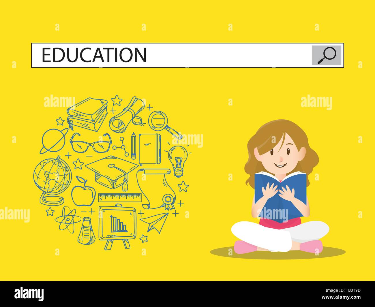 Reading pretty girl with education search engine bar illustration ...