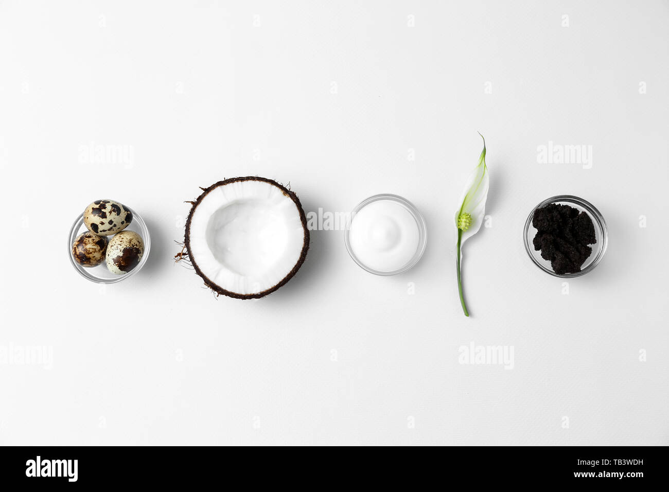 Natural ingredients for cosmetic on white background Stock Photo - Alamy