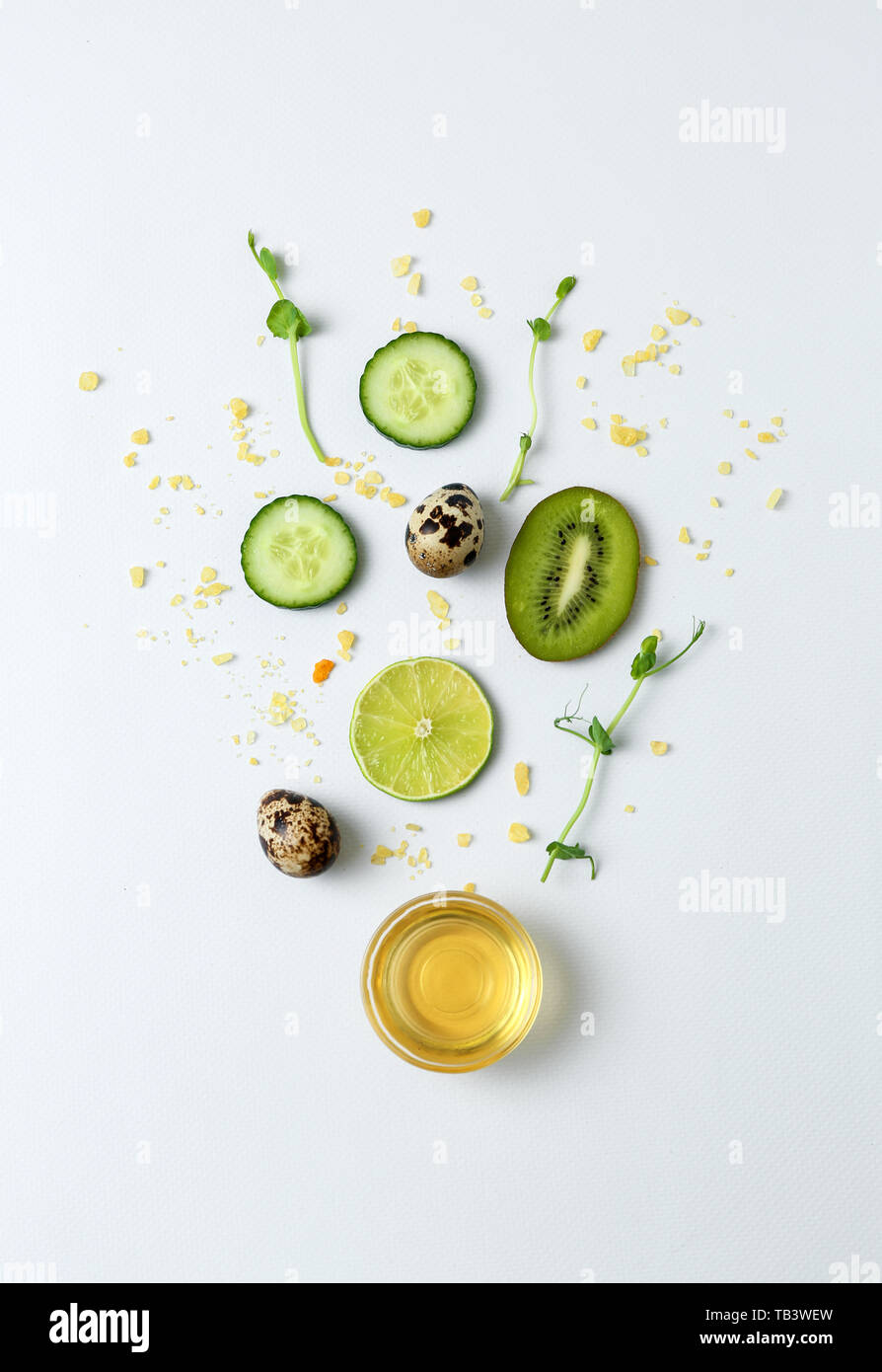 Natural ingredients for cosmetic on white background Stock Photo - Alamy