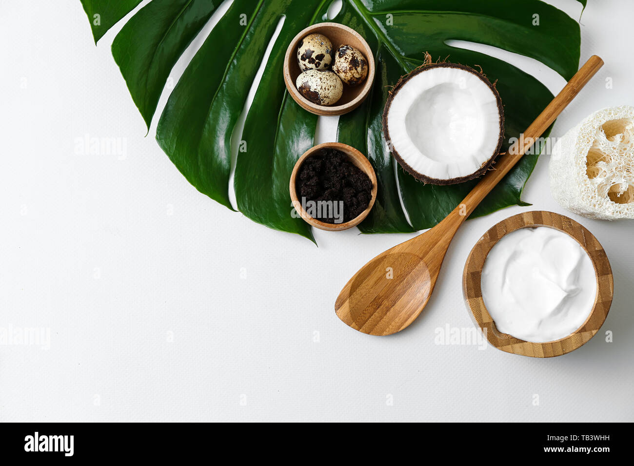 Natural ingredients for cosmetic on white background Stock Photo - Alamy
