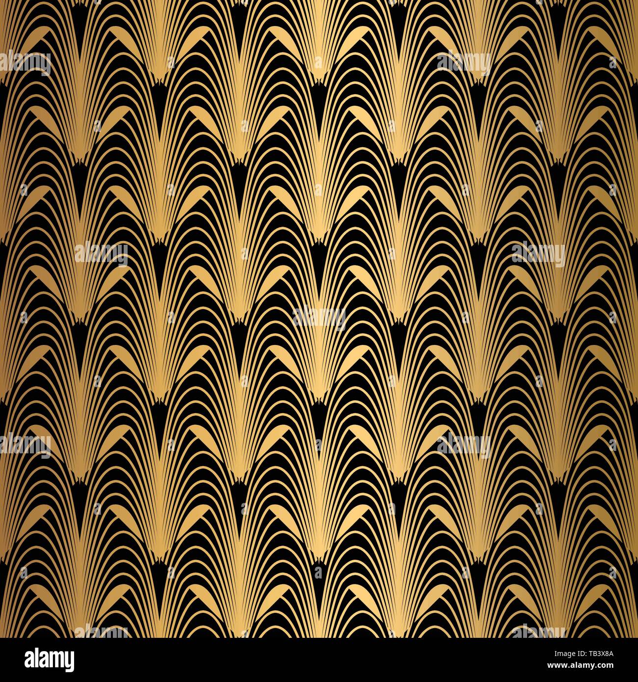 Art Deco Pattern. Seamless black and gold background. Scales or shells ornament. Minimalistic ...