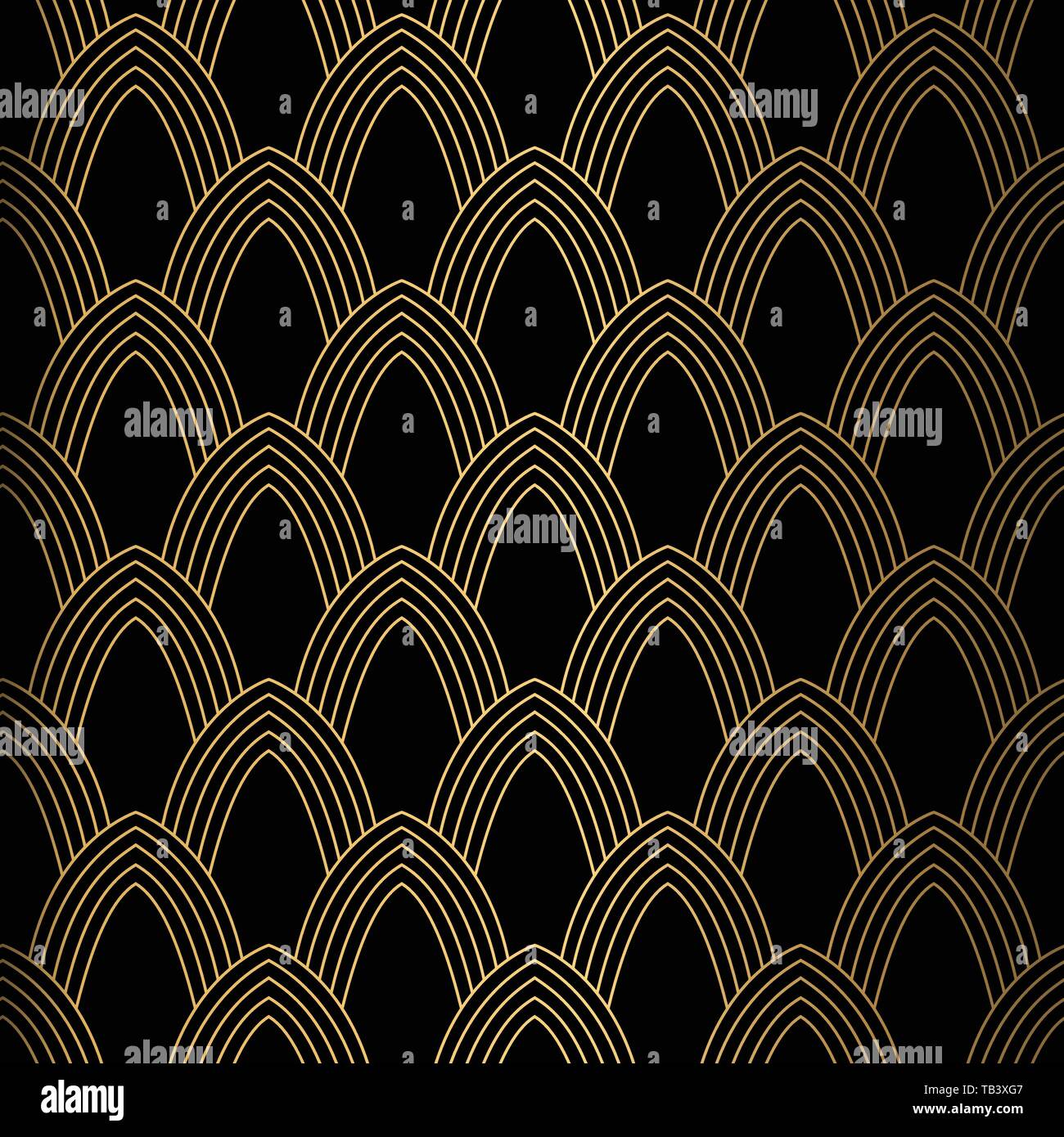 Art Deco Pattern. Seamless black and gold background. Scales or shells ornament. Minimalistic ...