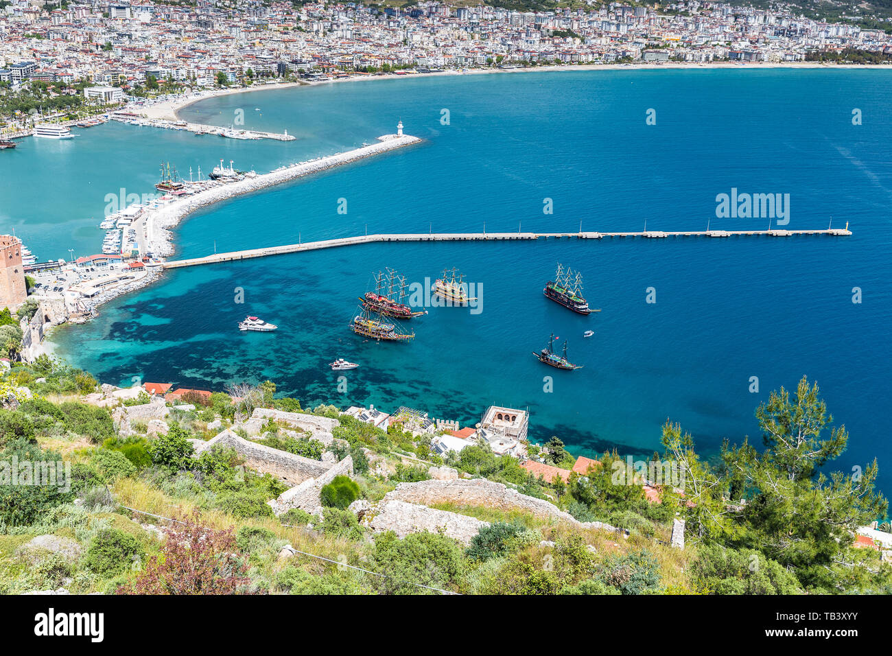 Aerial View of the harbor of Alanya in Turkey Stock Photo - Alamy