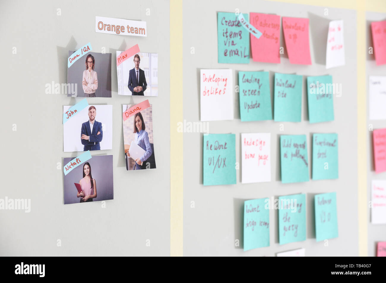 Scrum task board with stickers on wall in office Stock Photo - Alamy