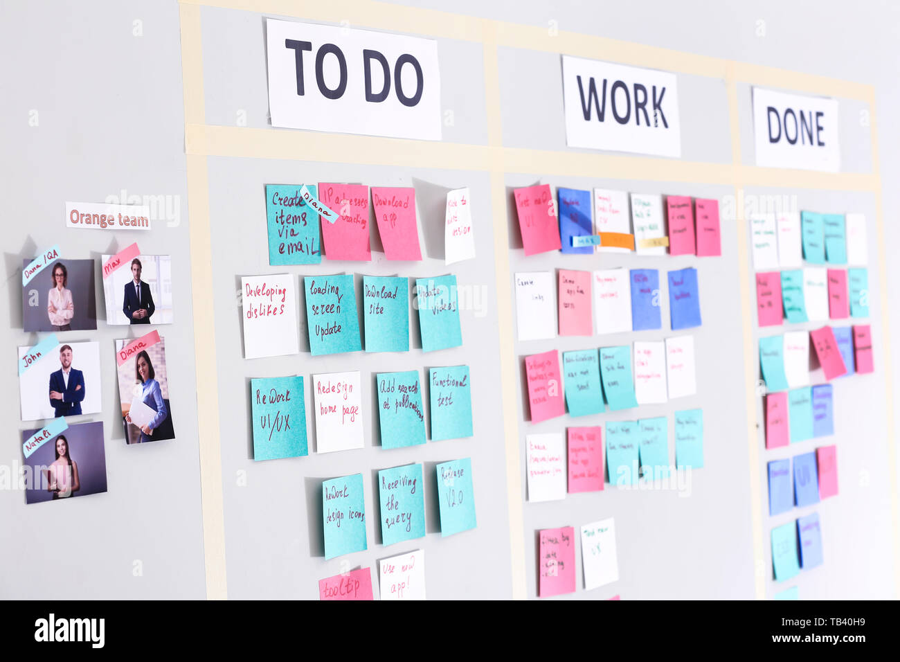 Scrum task board with stickers on wall in office Stock Photo - Alamy