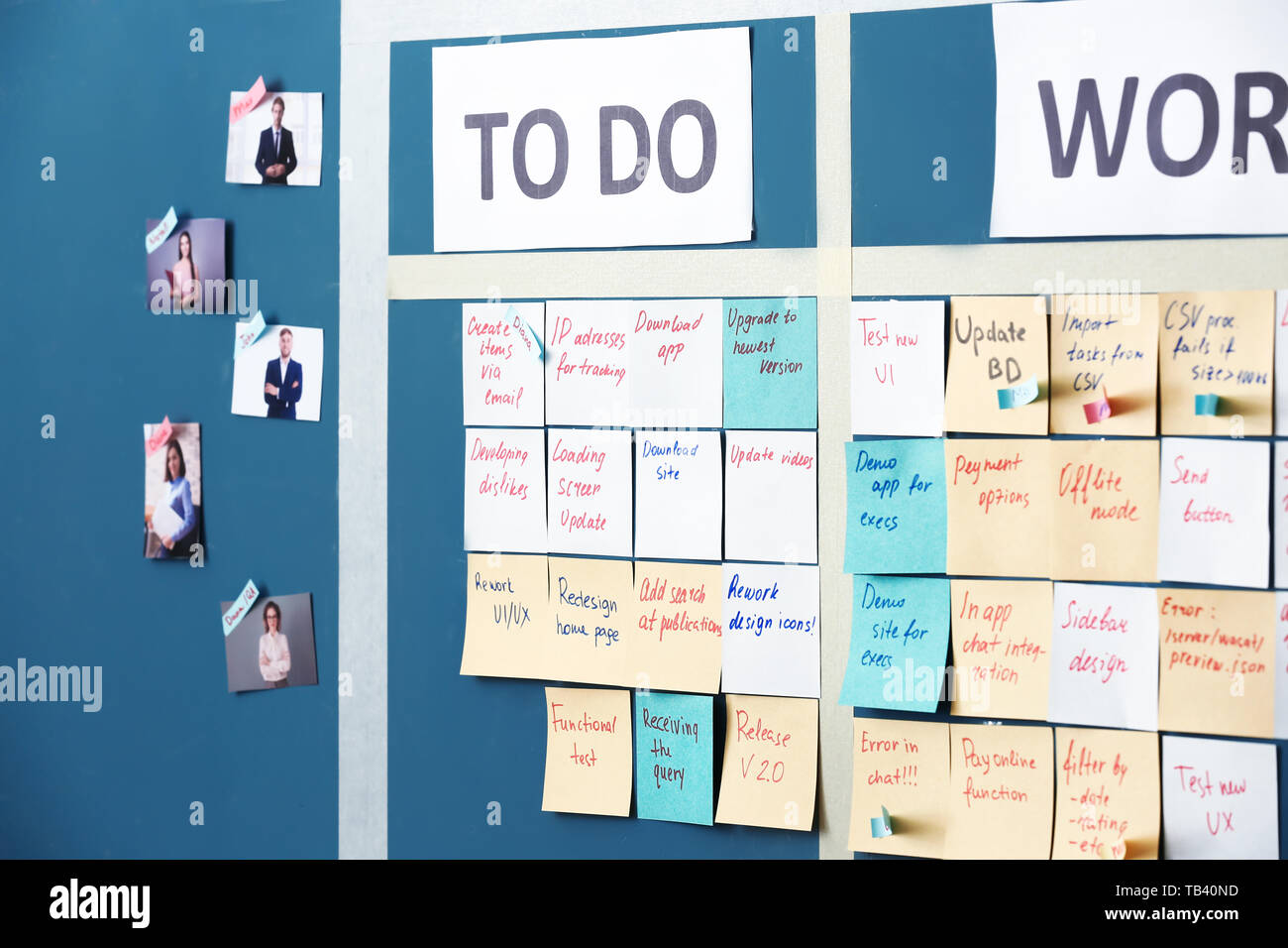 Scrum task board with stickers on wall in office Stock Photo - Alamy