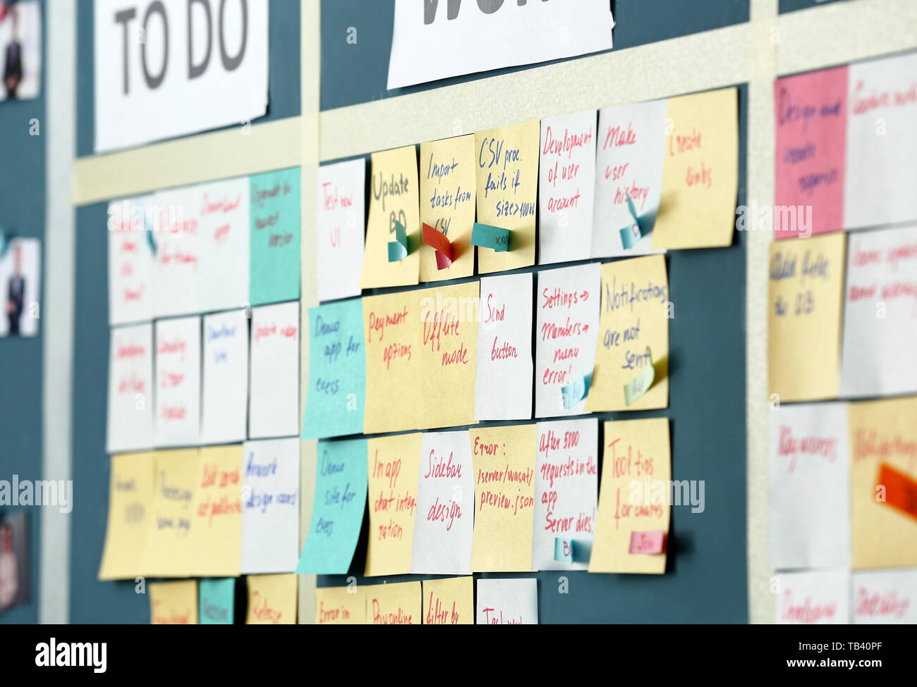 Scrum task board with stickers on wall in office Stock Photo - Alamy