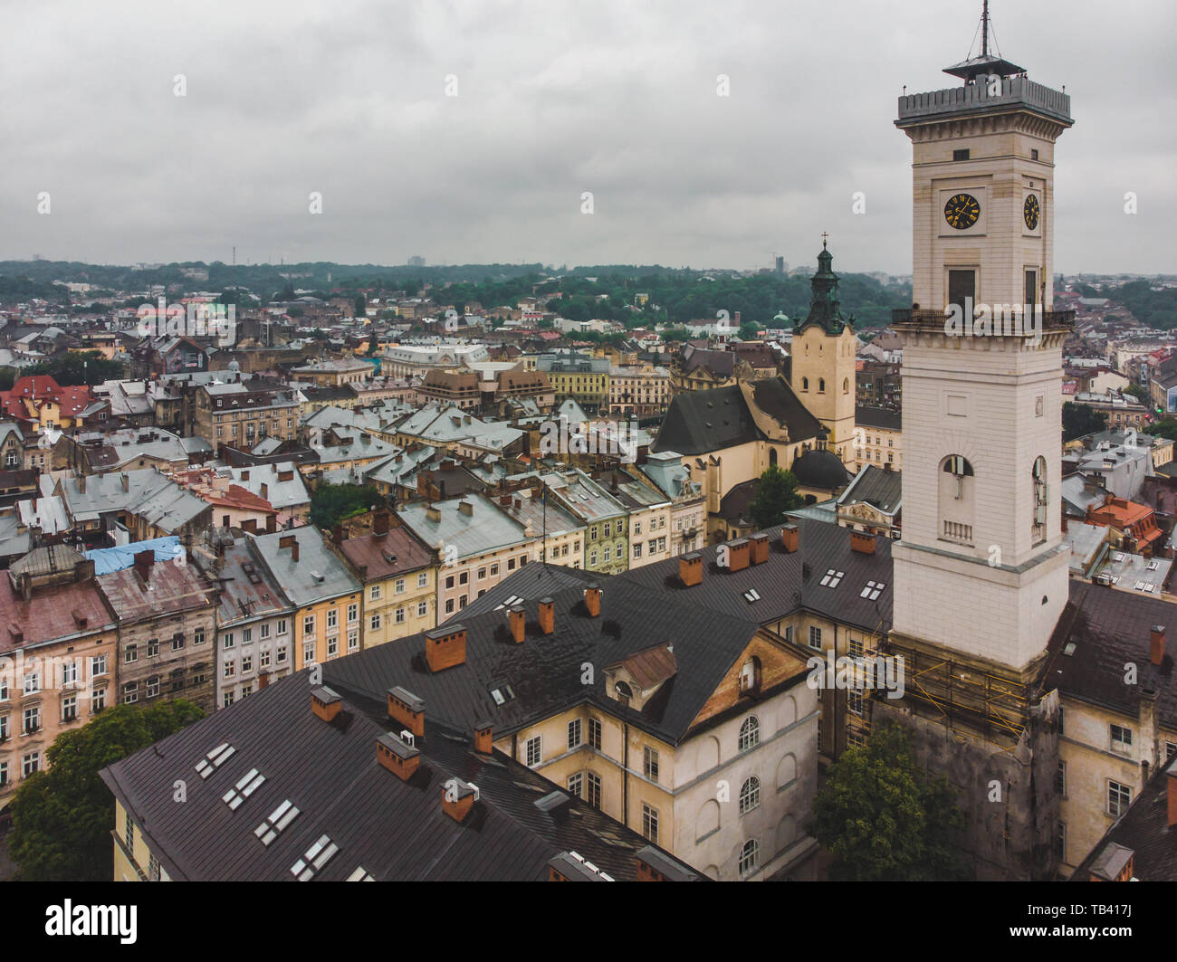aerial view of center of old european city with beautiful architecture ...