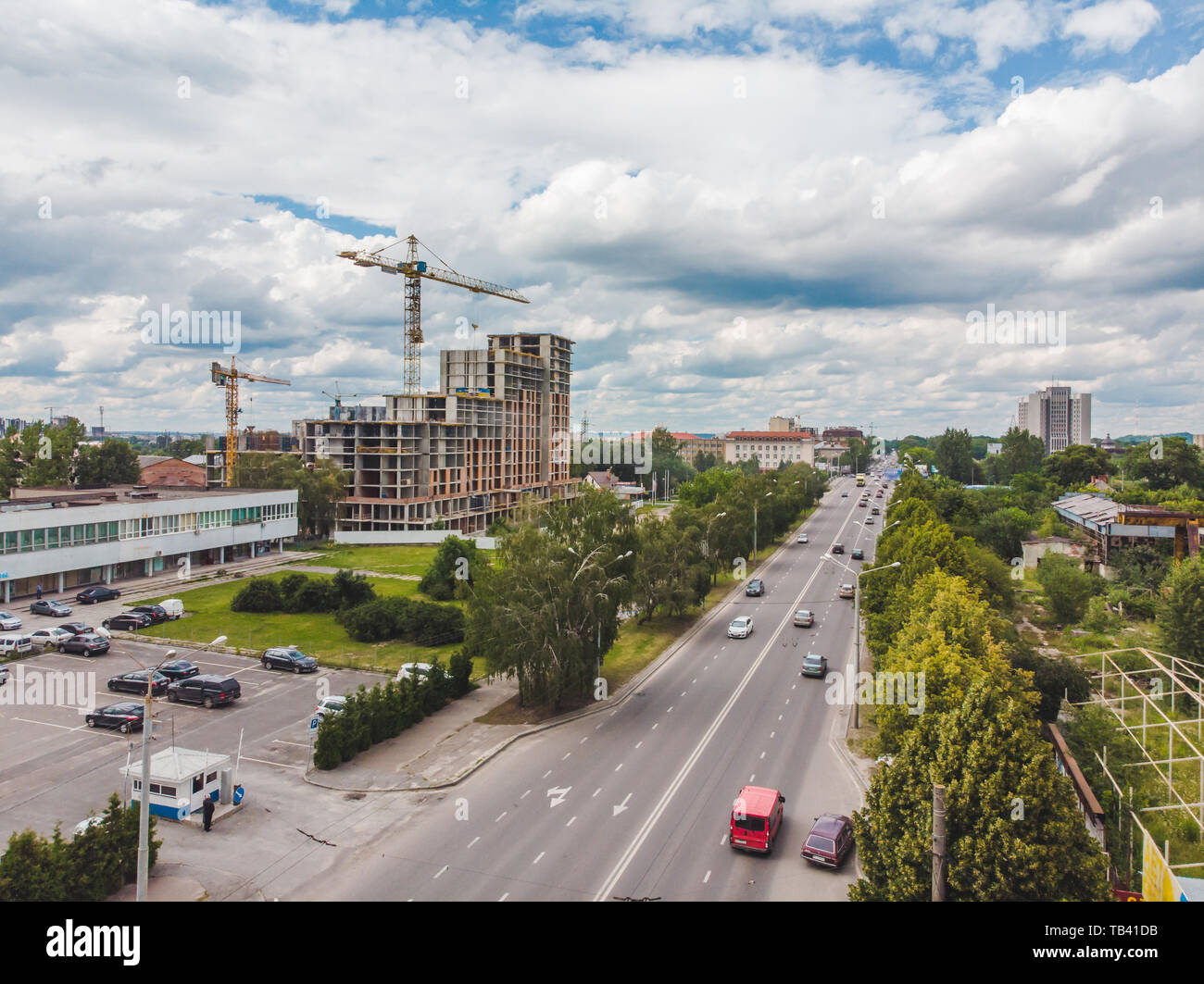 top view of street with construction site. apartments. city development ...