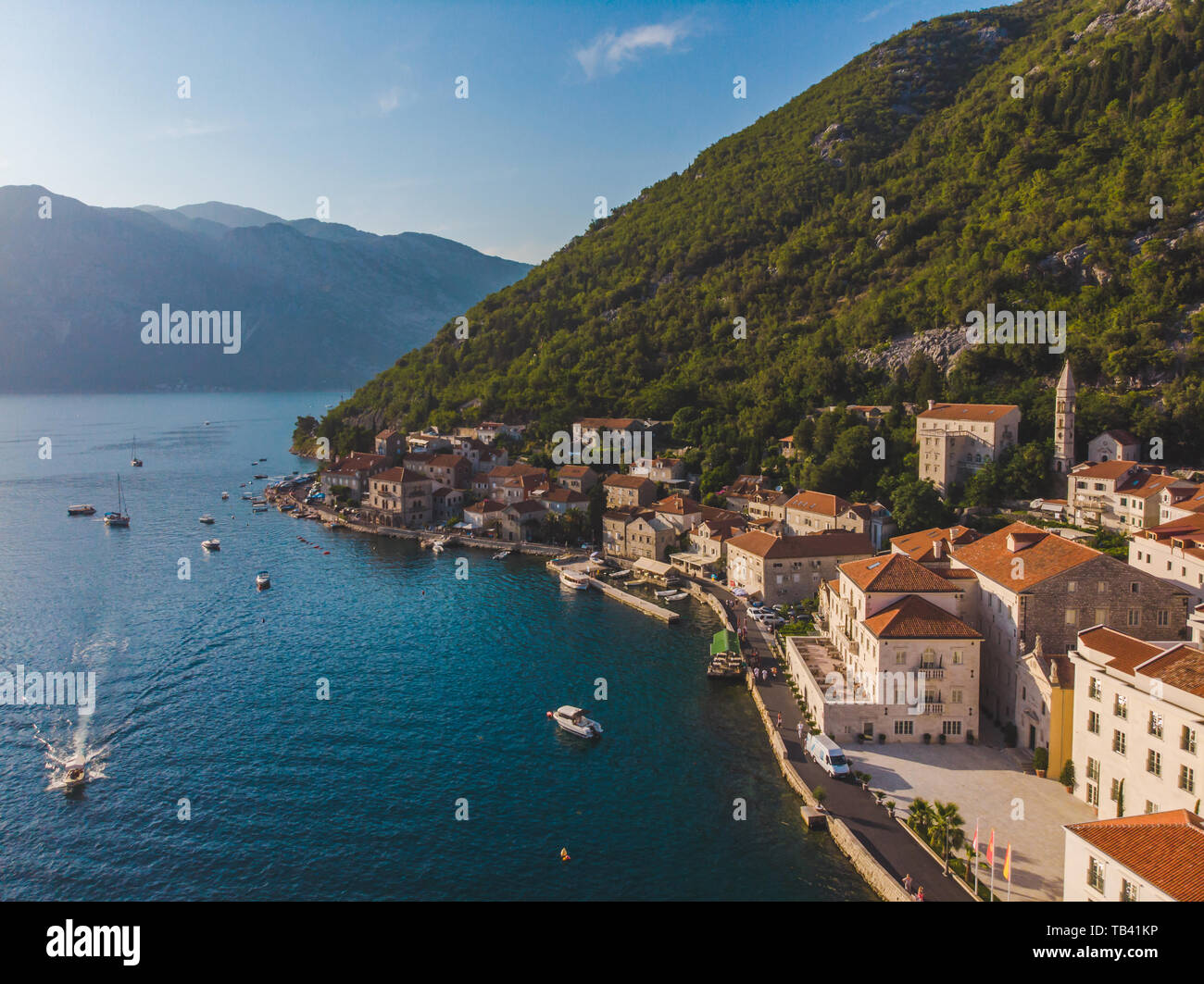 aerial view of perast city in montenegro. summer time Stock Photo - Alamy