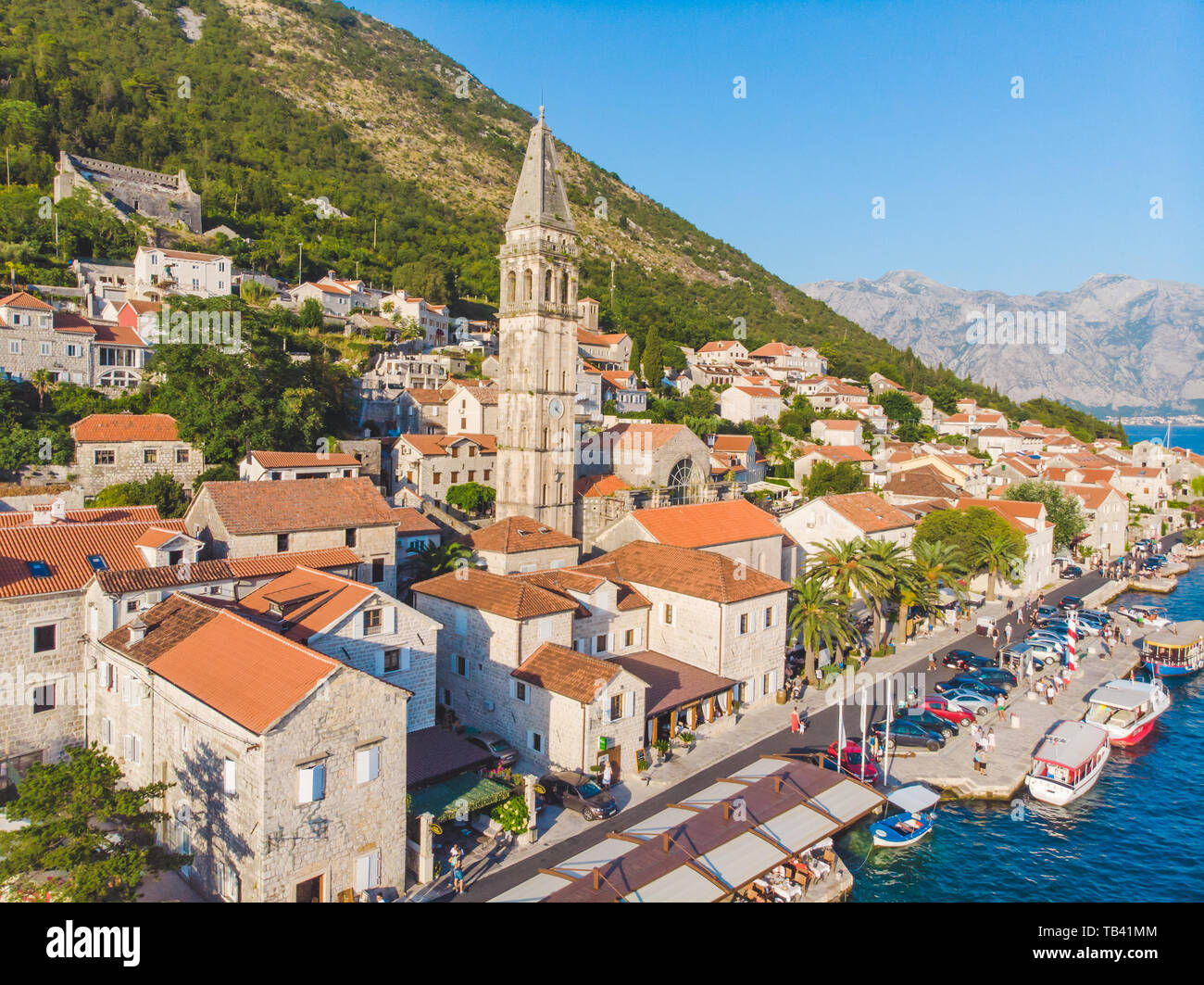 aerial view of perast city in montenegro. summer time Stock Photo - Alamy