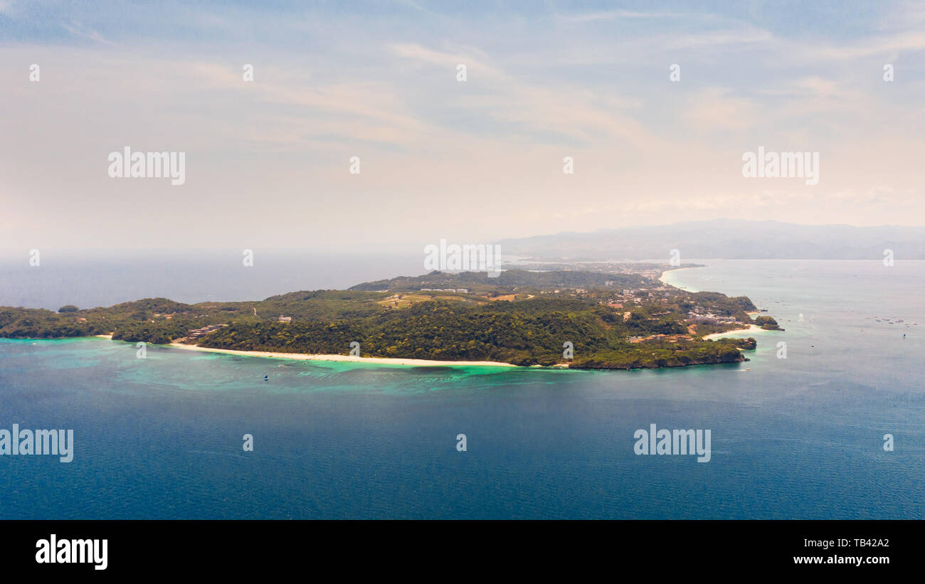 Seascape with island of Boracay, Philippines, top view. A large island ...