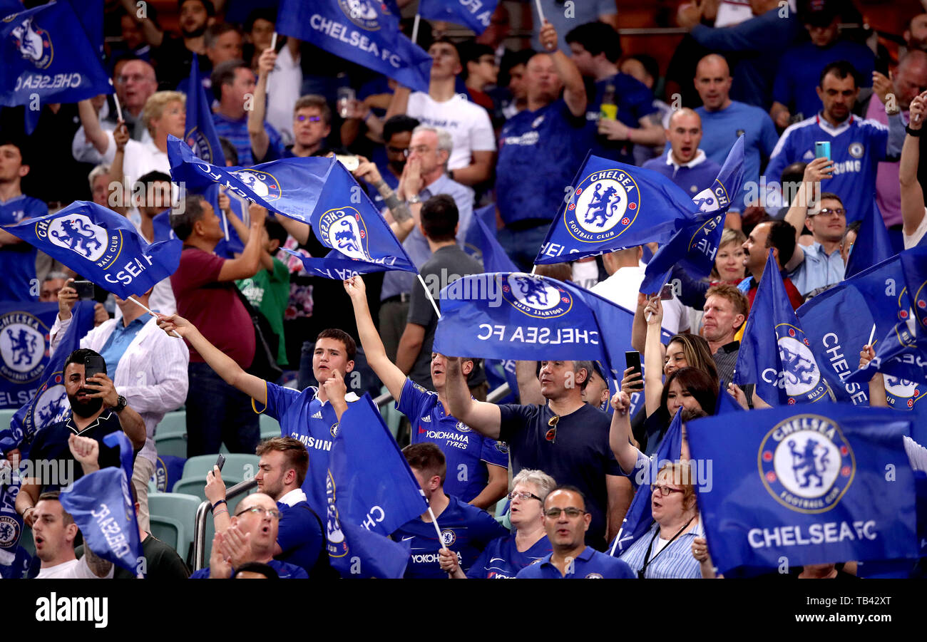 Chelsea fans show their support in the stands before the UEFA Europa ...