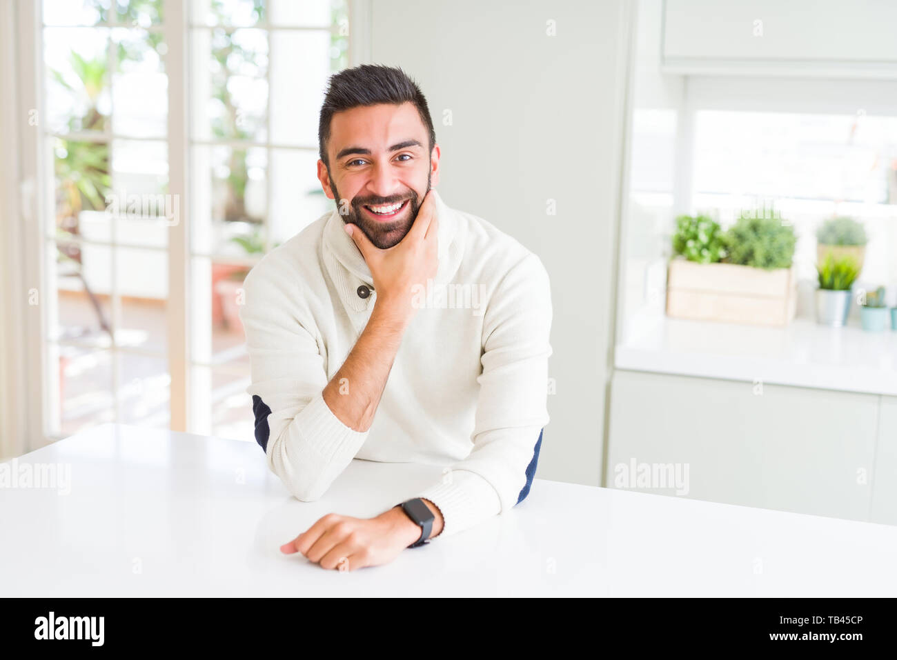 Handsome man smiling cheerful with a big smile on face showing teeth ...