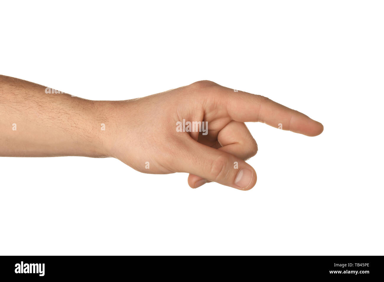 Male hand pointing at something on white background Stock Photo - Alamy