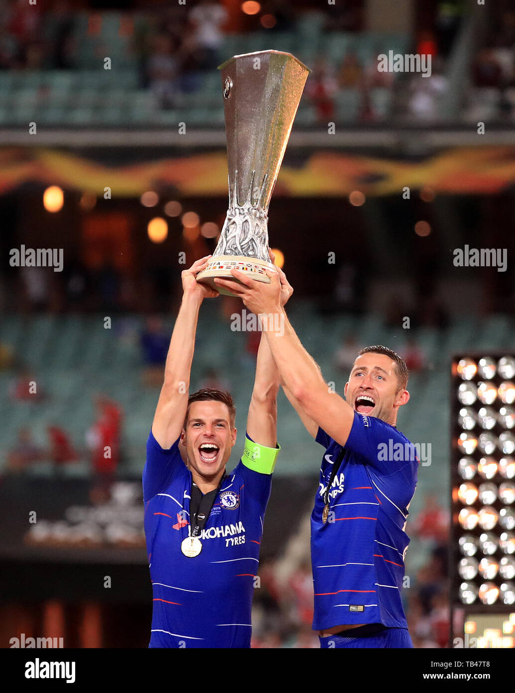 Chelsea players Cesar Azpilicueta (left) and Gary Cahill celebrate with ...