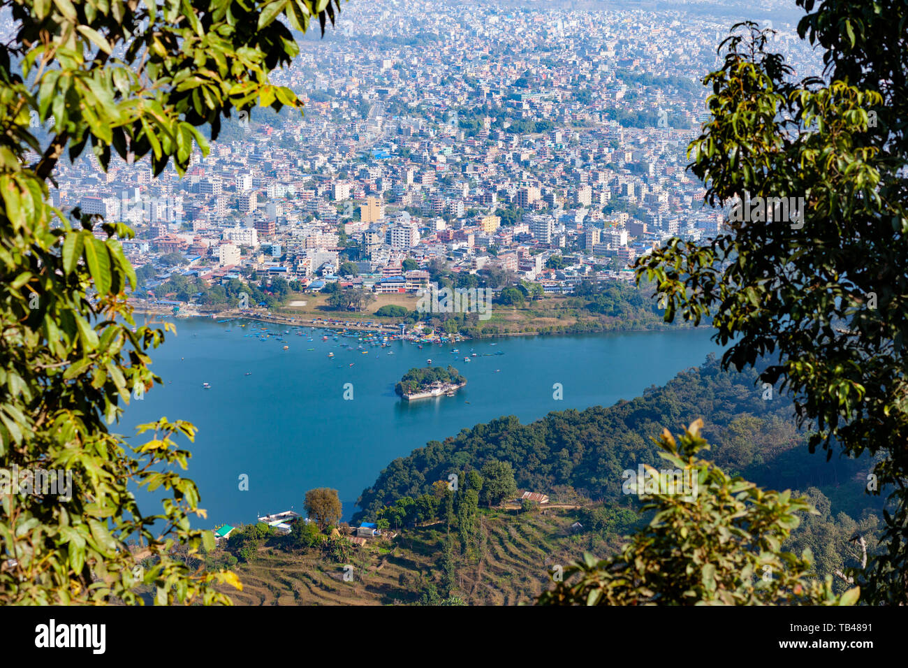 Pokhara, Nepal's Lakeside area, with Tal Barahi temple, seen from high ...