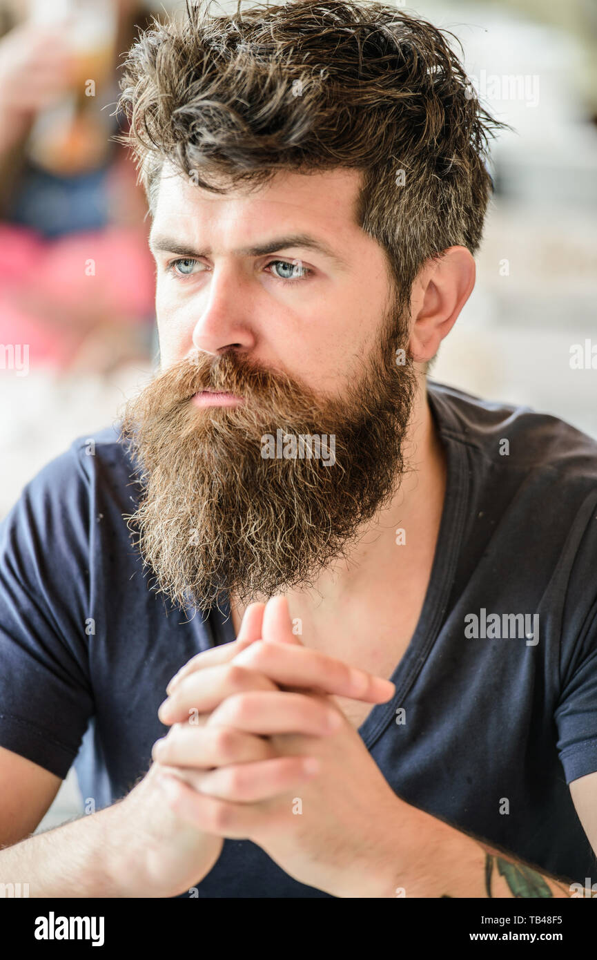 Bearded man concentrated face. Hipster with beard thoughtful expression ...