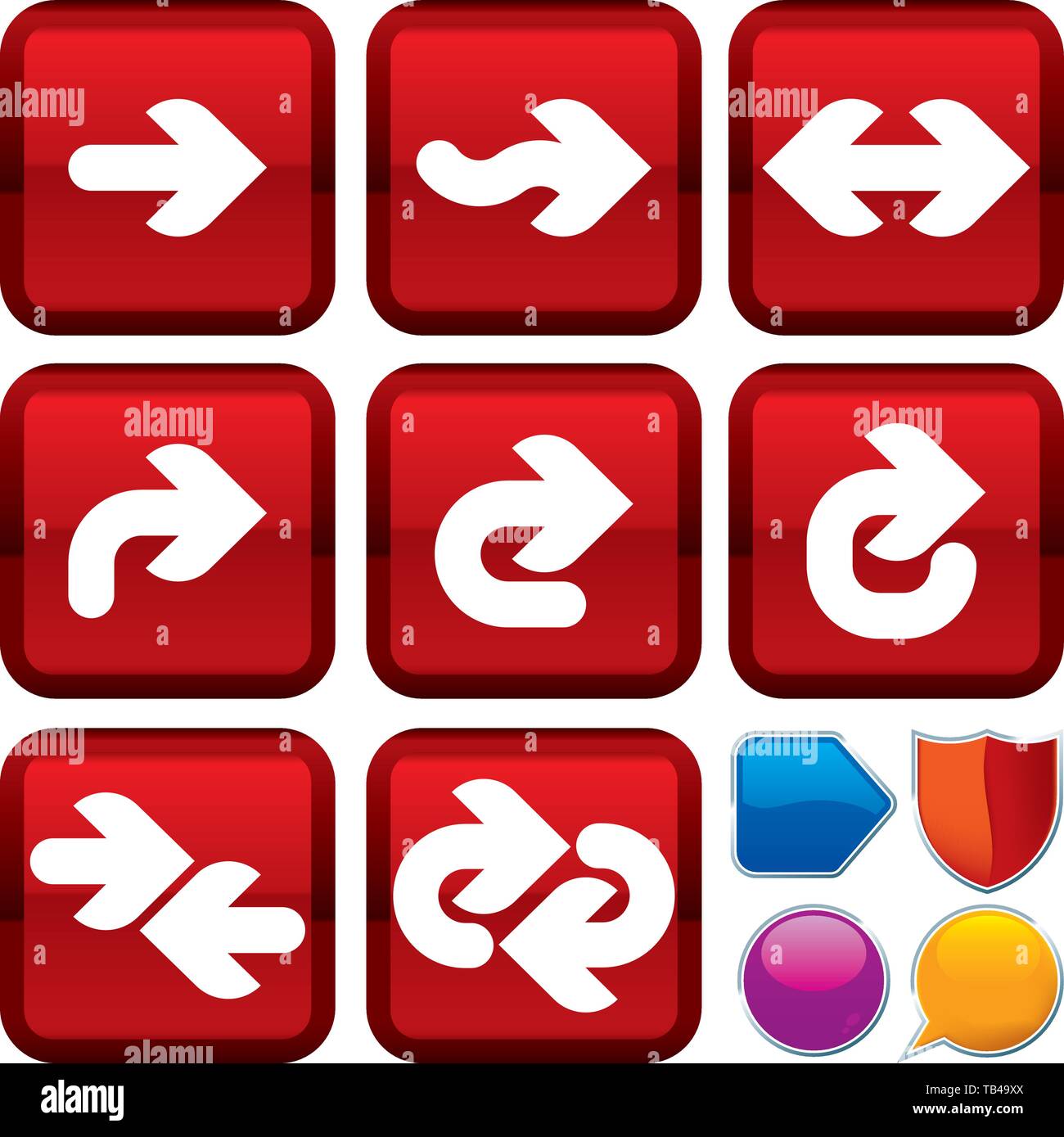 Vector illustration. Set of arrow icons on square buttons. Geometric ...