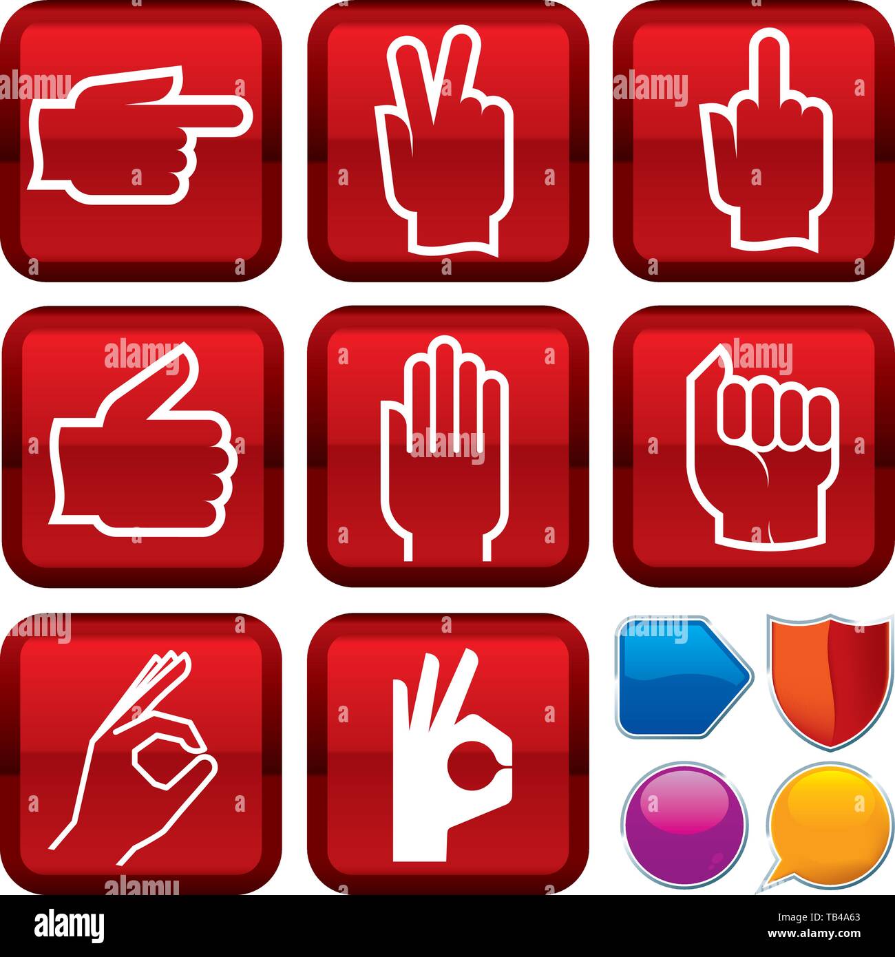 Vector illustration. Set of gesture hand icons on square buttons ...