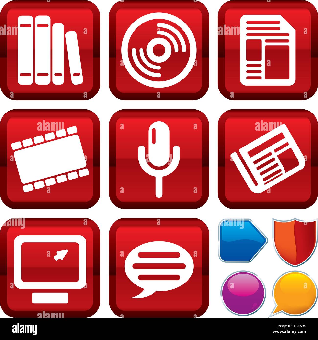 Vector illustration. Set of media icons on square buttons. Geometric ...