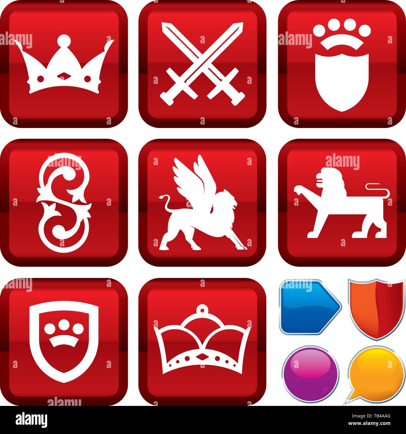 Vector illustration. Set of medieval icons on square buttons. Geometric ...